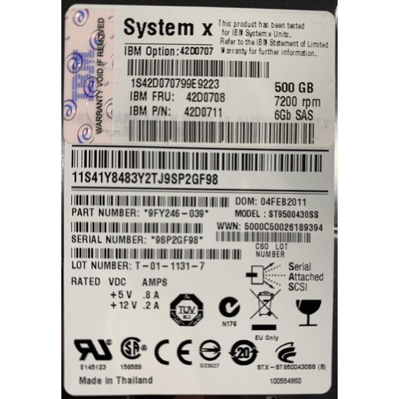 IBM 500GB 2.5" 7.2K 6Gbps SAS HDD